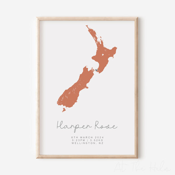 Map Of New Zealand Birth Print - At The Helm NZ